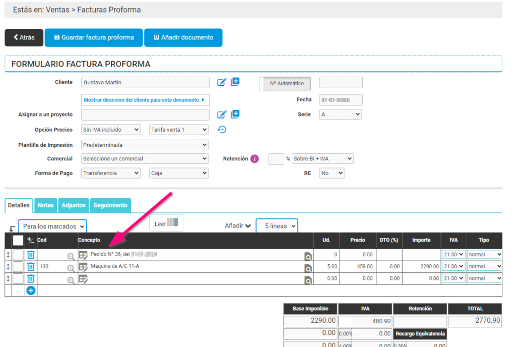 Cómo crear facturas proforma desde un pedido